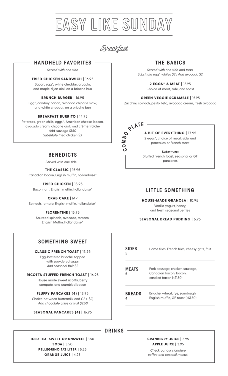 Easy Like Sunday's Official Menu