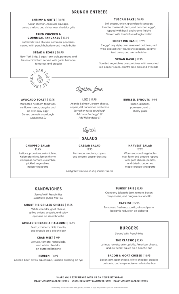 Easy Like Sunday's Official Menu